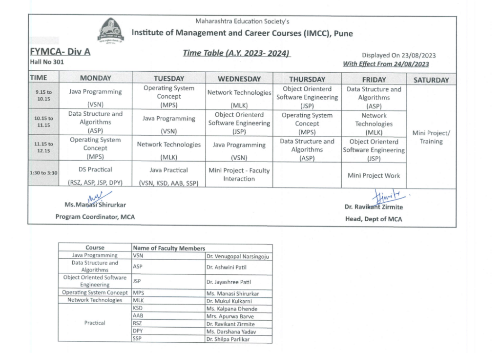 MCA Time Table – MES Institute of Management & Career Courses (IMCC), Pune